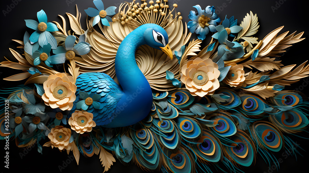 A peacock, featuring opulent golden accents and regal motifs, 3D style ...
