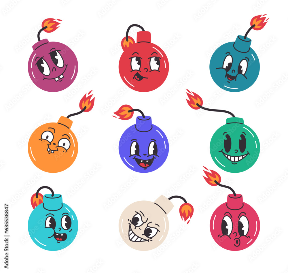 Vecteur Stock Bomb mascots. Cartoon bombs characters, cute comic ...