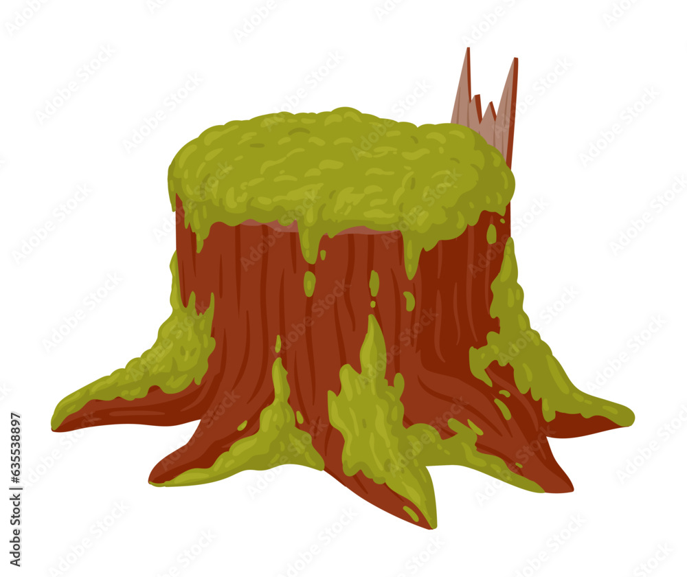 Cartoon moss growing on stump. Swamp moss on rotten stump, rainy forest ...