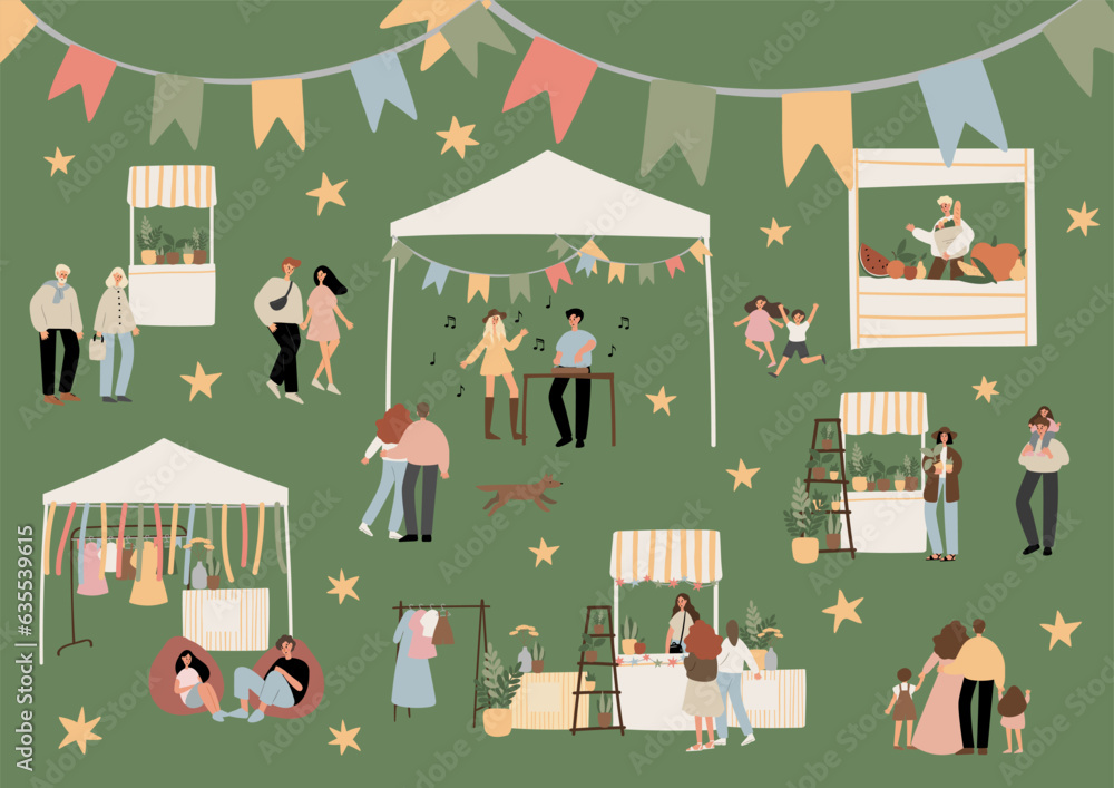 summer market poster illustration clipart, people walking at fair ...