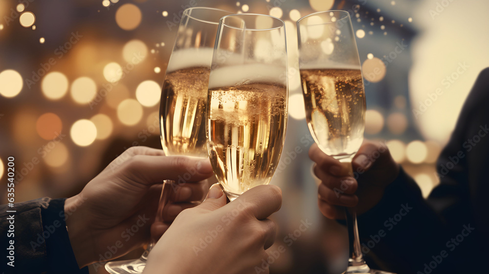 Hand holding glass of champagne, people cheering, cheers, spending a ...