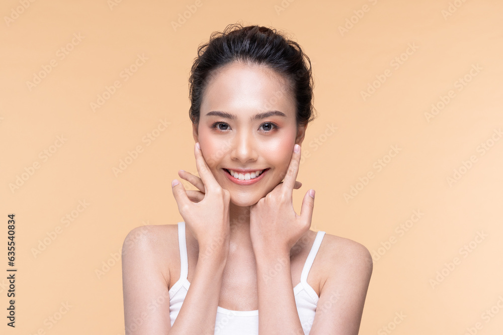 Beautiful Asian young woman touching soft cheek smile with clean fresh ...