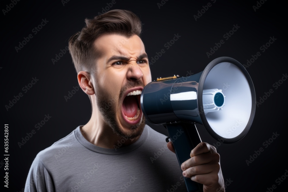 Young angry european man shouting to megaphone phone makes loud ...