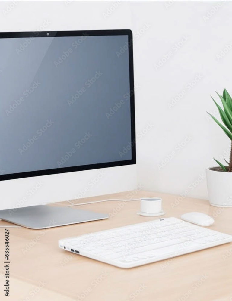 Laptop pc mock up template design on office workplace desk, white ...