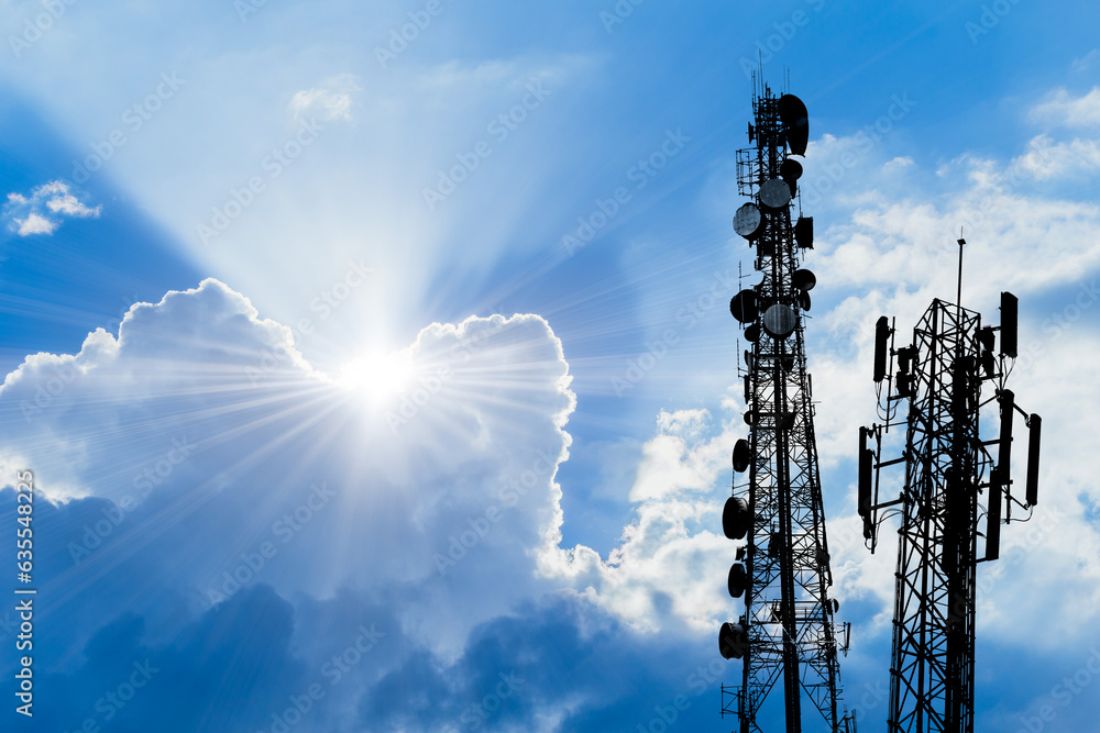 5g communication tower. 4g telecommunication tower. silhouette digital ...