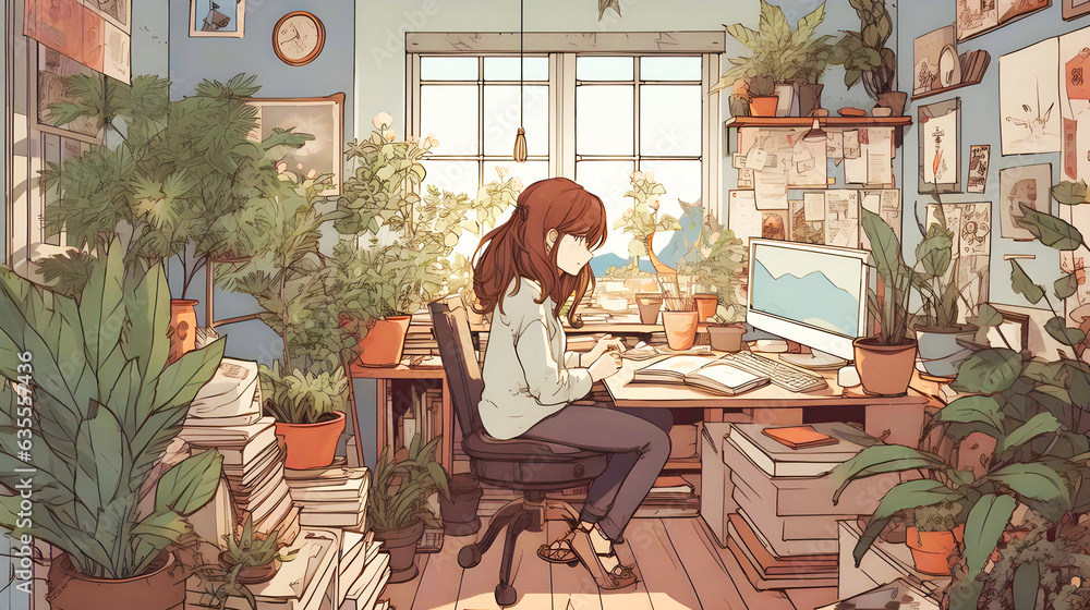 cute lofi girl workstation wallpaper background female anime manga cute ...