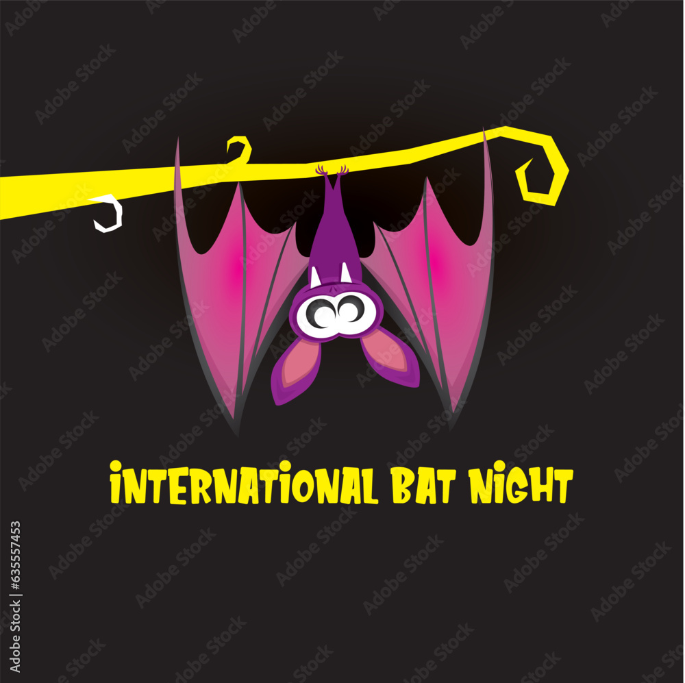 International bat night banner or poster with cartoon bat on black ...