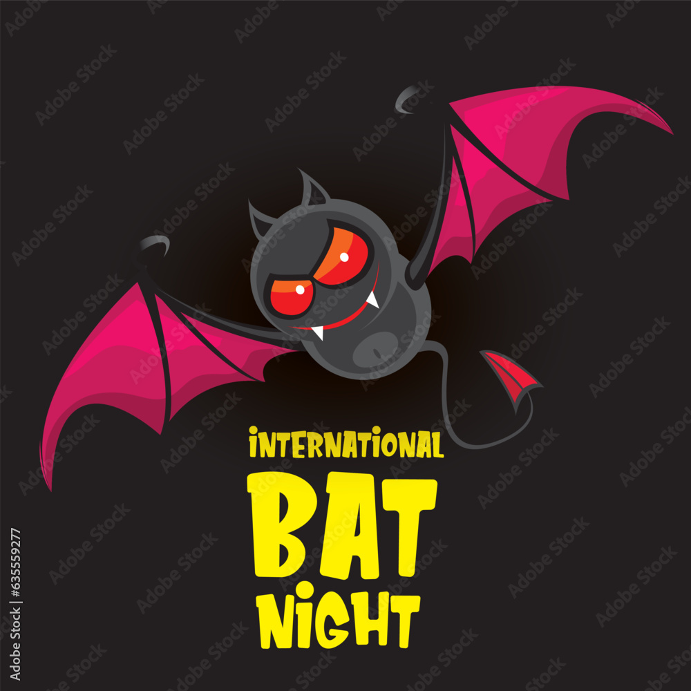 International bat night banner or poster with cartoon bat on black ...