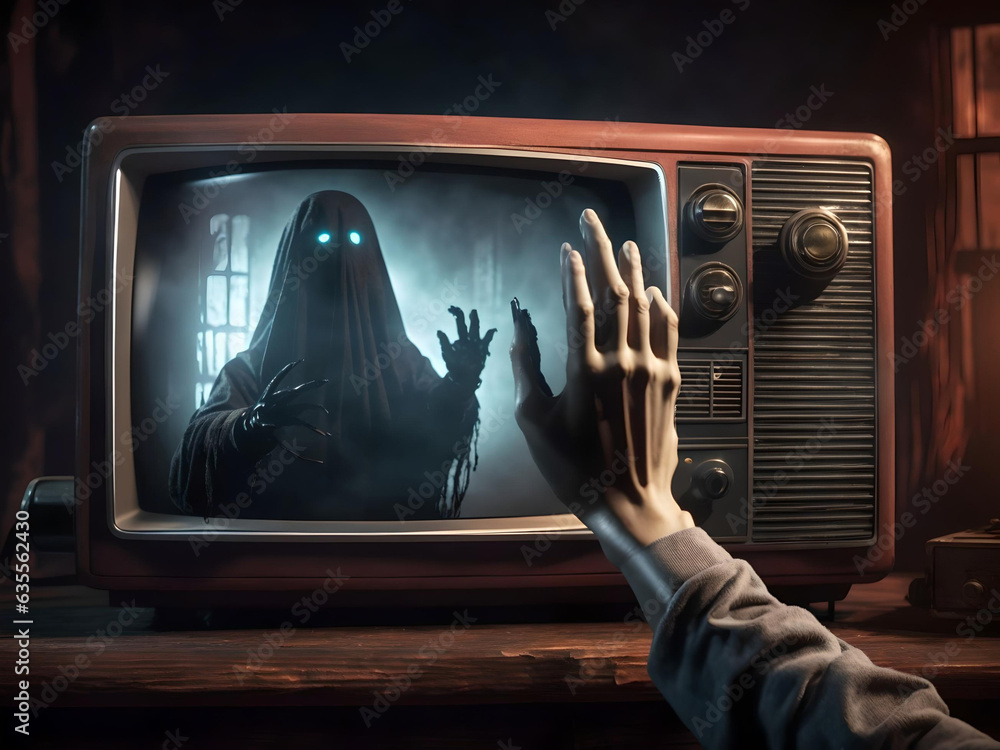 Horror scary movie concept. Hand of ghost on screen of vintage tv in ...