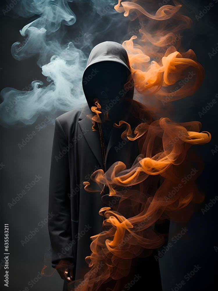 Mysterious man in abstract smoke, Assassin with strong face expression ...
