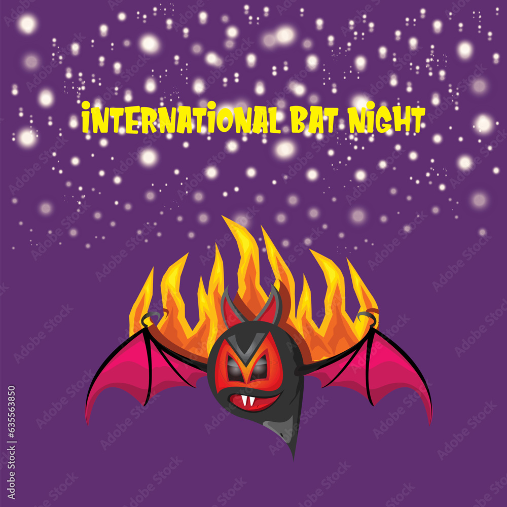 International bat night banner or poster with cartoon bat on violet ...