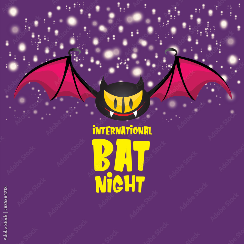 International bat night banner or poster with cartoon bat on violet ...