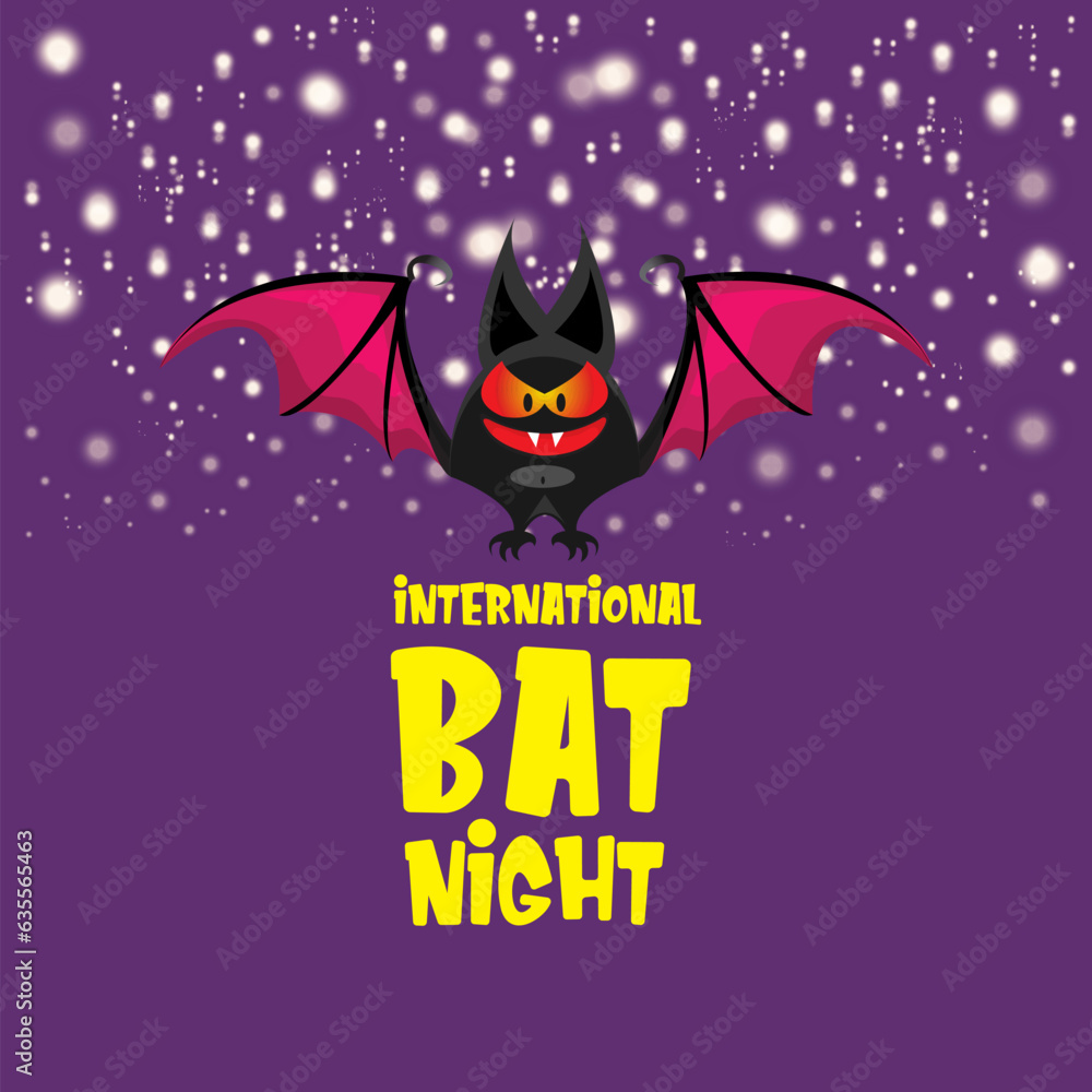 International bat night banner or poster with cartoon bat on violet ...