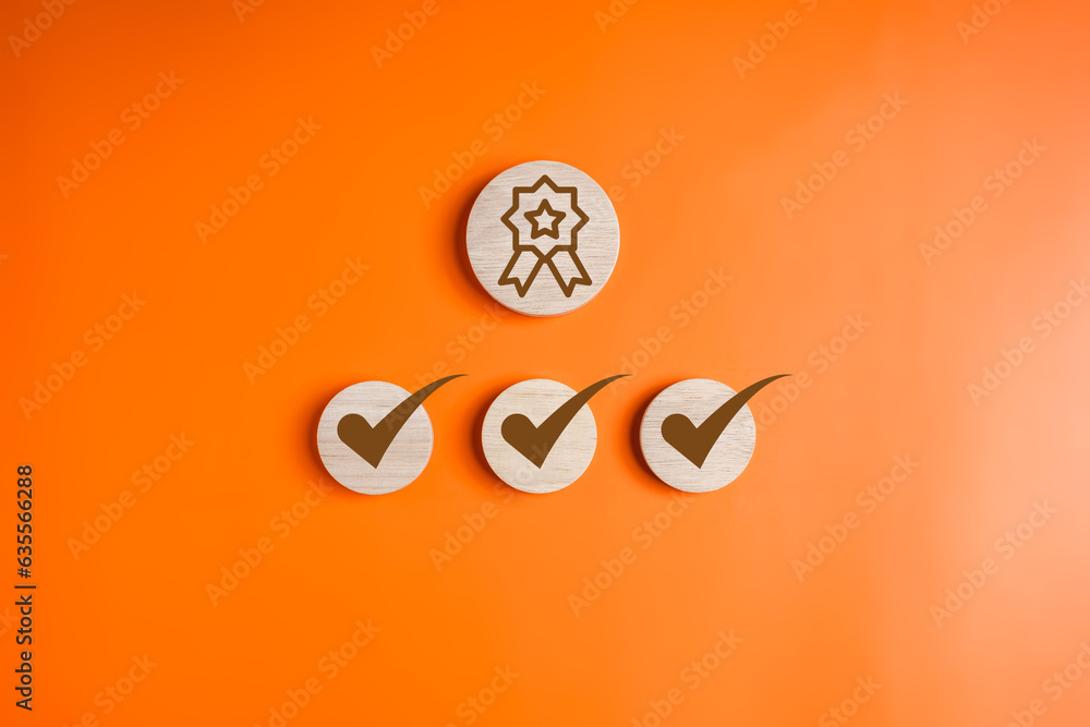 ISO smart globe with check mark guarantee icons on wooden cube and copy ...