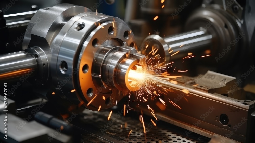 Extreme close up of a metal lathe in action, Modern radial CNC lathe ...