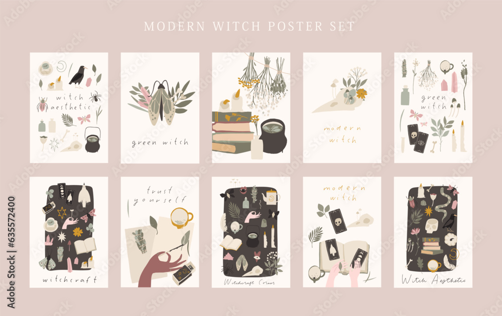 Modern witch aesthetic botanical poster or card collection. Mystery ...