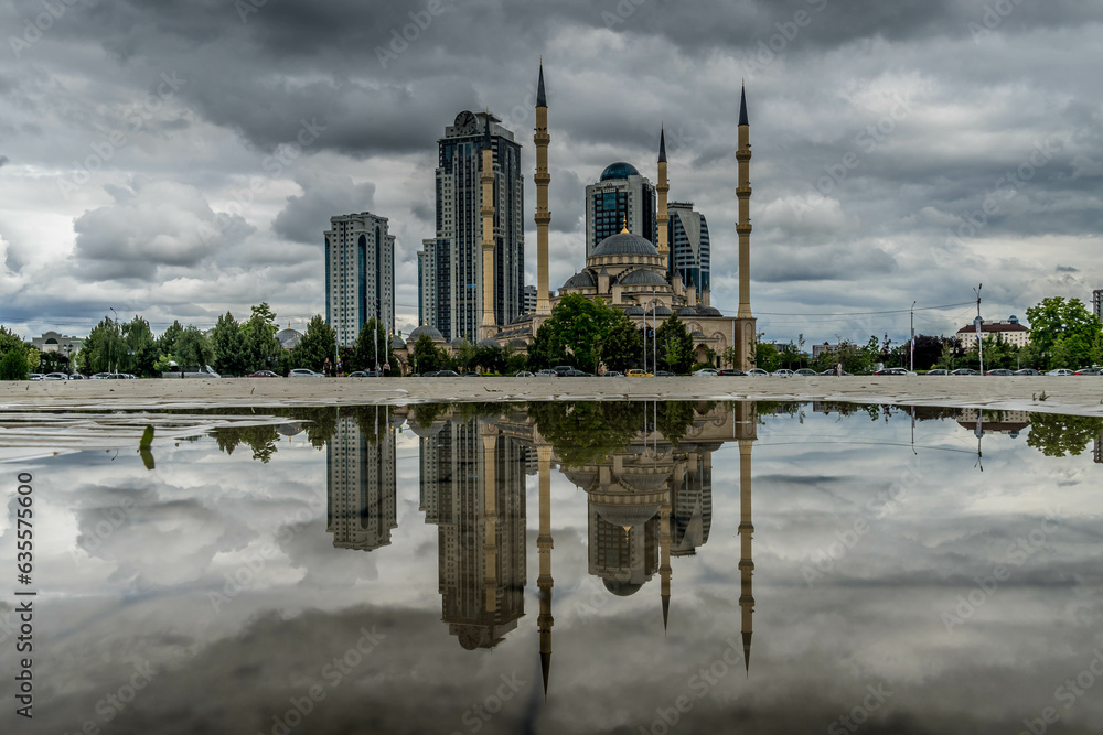 The water reflection of the Grozny City skyscrapers and the "Heart of ...
