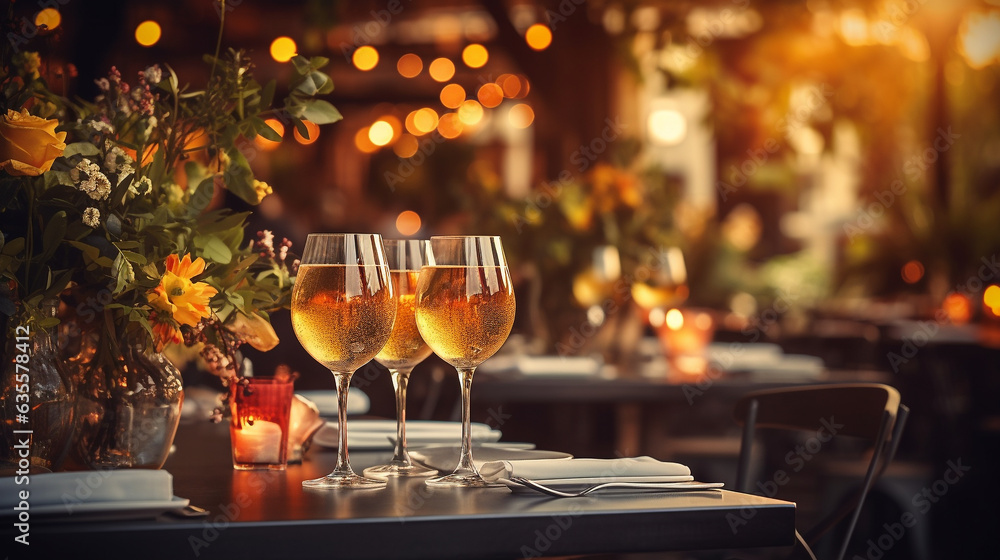 Elegant and select restaurant table Wine Glass and appetizers, on the ...
