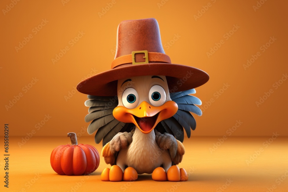 Cute Cartoon Thanksgiving Turkey on a Orange Background with Space for Copy Stock Illustration ...