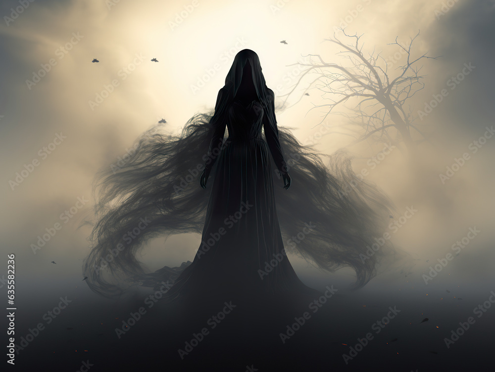 Shadowy figure of a winged female reaper, draped in a cloak, exuding an ...
