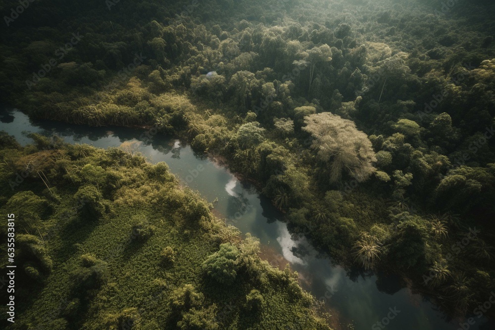 Bird's-eye view of lush rainforest and river. Landscape showcases ...