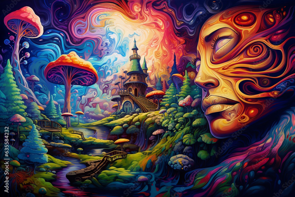 an image of a colorful dream that captures the surreal and psychedelic effects of LSD and DMT ...