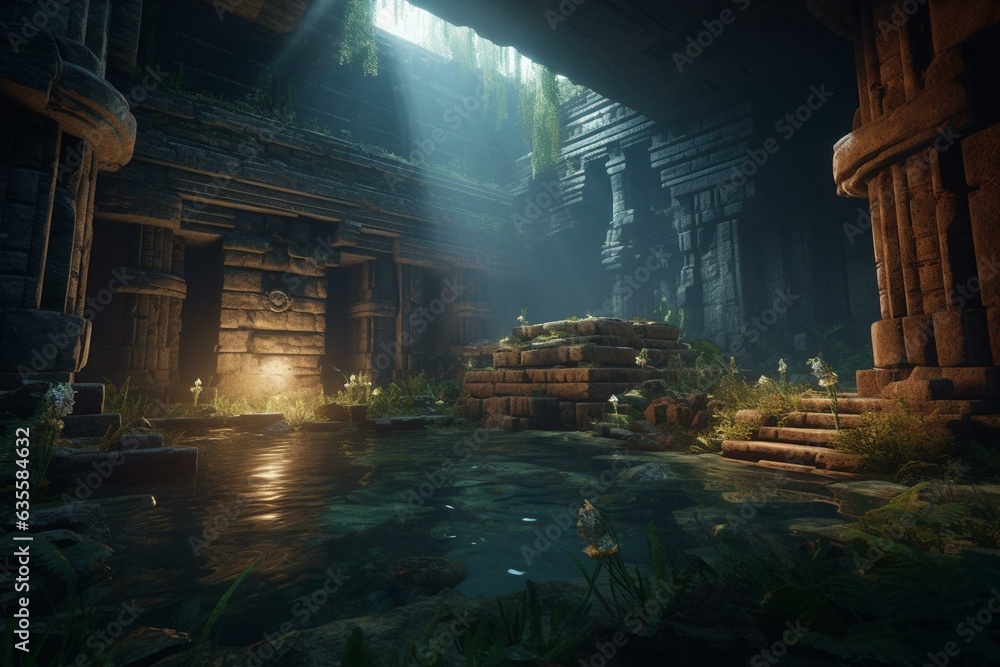 3D rendered depiction of submerged ancient city ruins, treasures ...