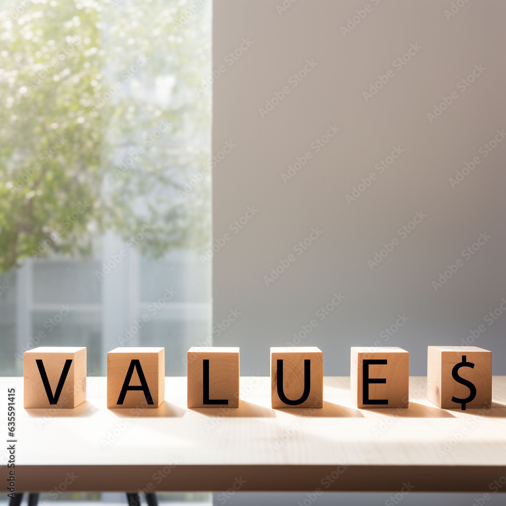 values, wooden blocks spelling values, value$, money, principles ...