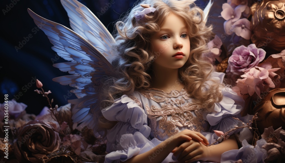 Angelic portrait of a young child in the Garden of Eden. Holy girl on a ...