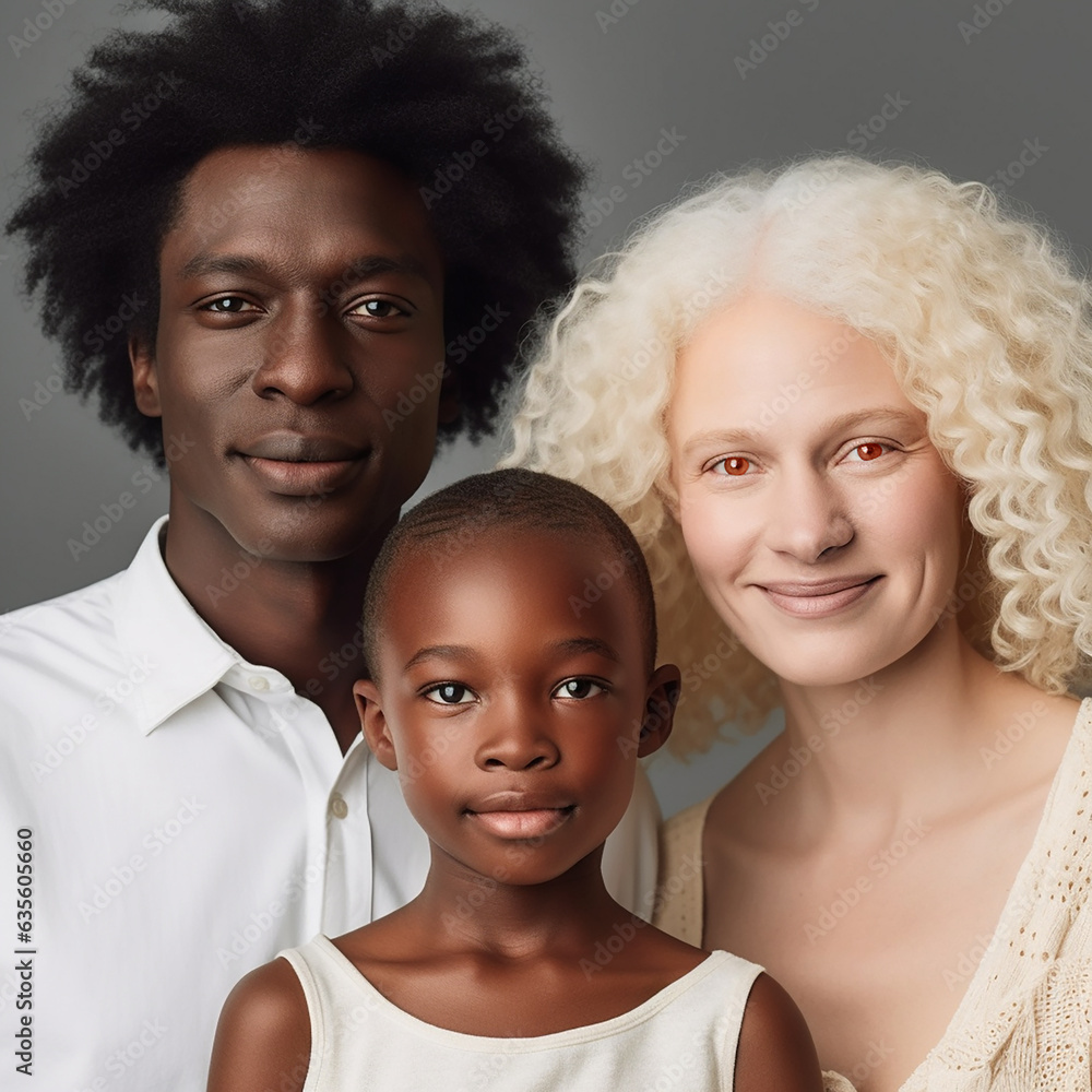 Albino woman. A family of Africans, a man and a boy are dark-skinned ...
