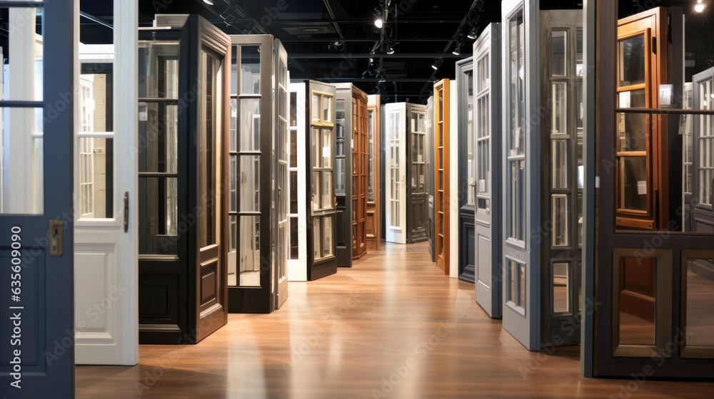 Door and window trade full of doors on display in the showroom shop ...