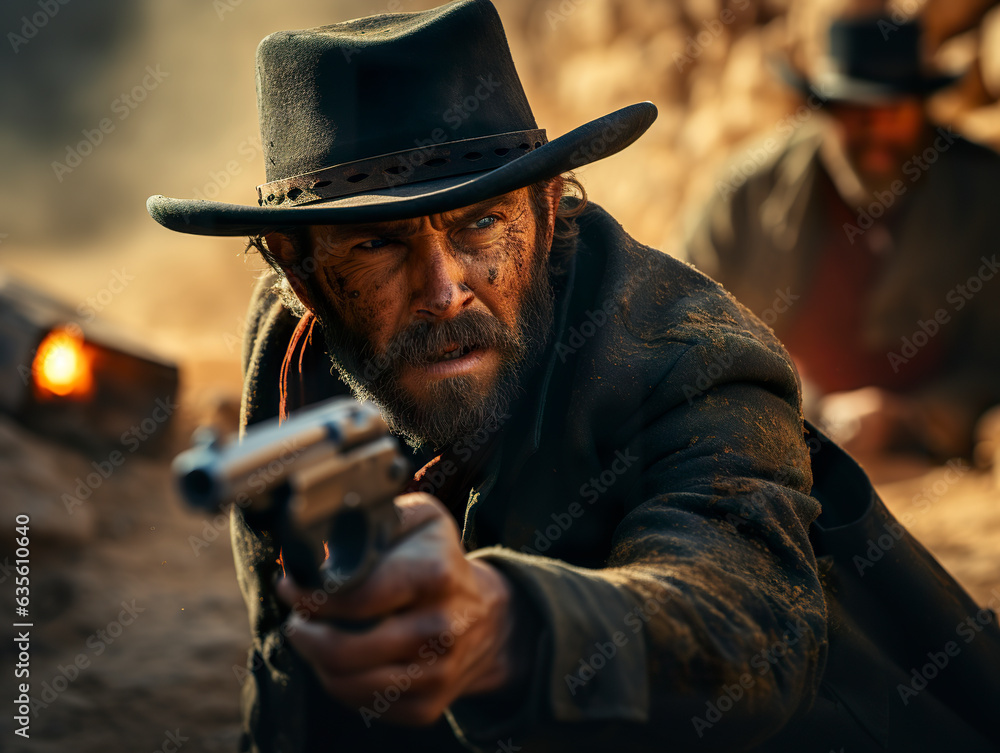 Ilustrace „Gunslinger in a tense showdown, taking careful aim with his ...