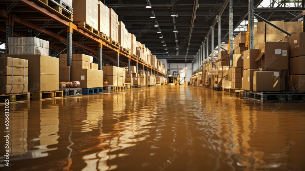 Flooded warehouse with cardboard boxes floating on water due to ...