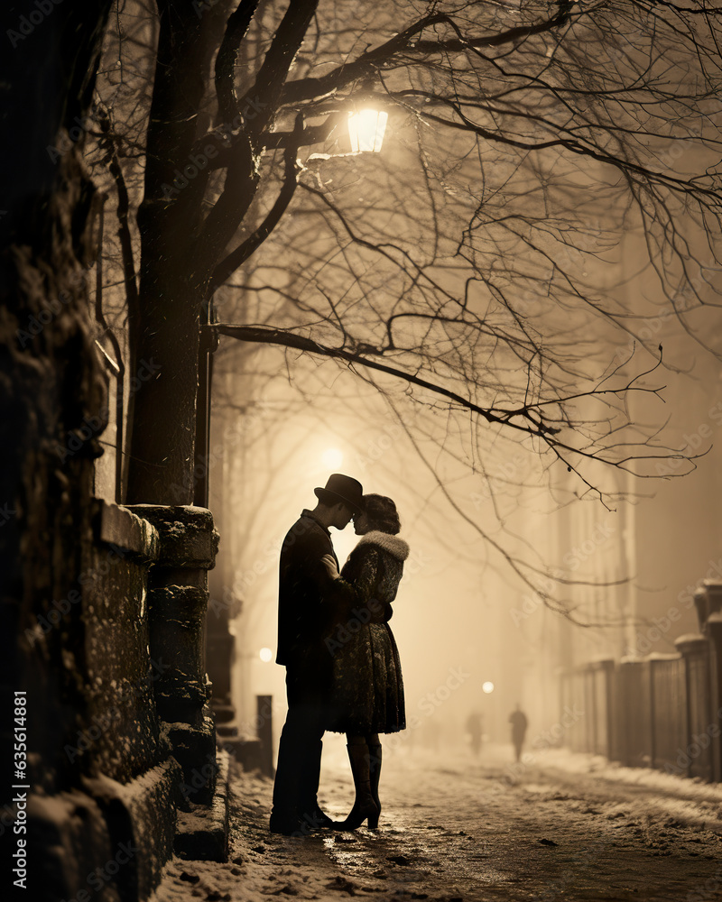 Amidst the ancient charm of a snowy night, a couple shares a tender ...