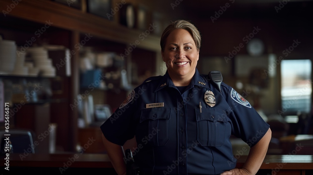 Overweight fat female police officer white woman smiling Stock-Foto | Adobe Stock