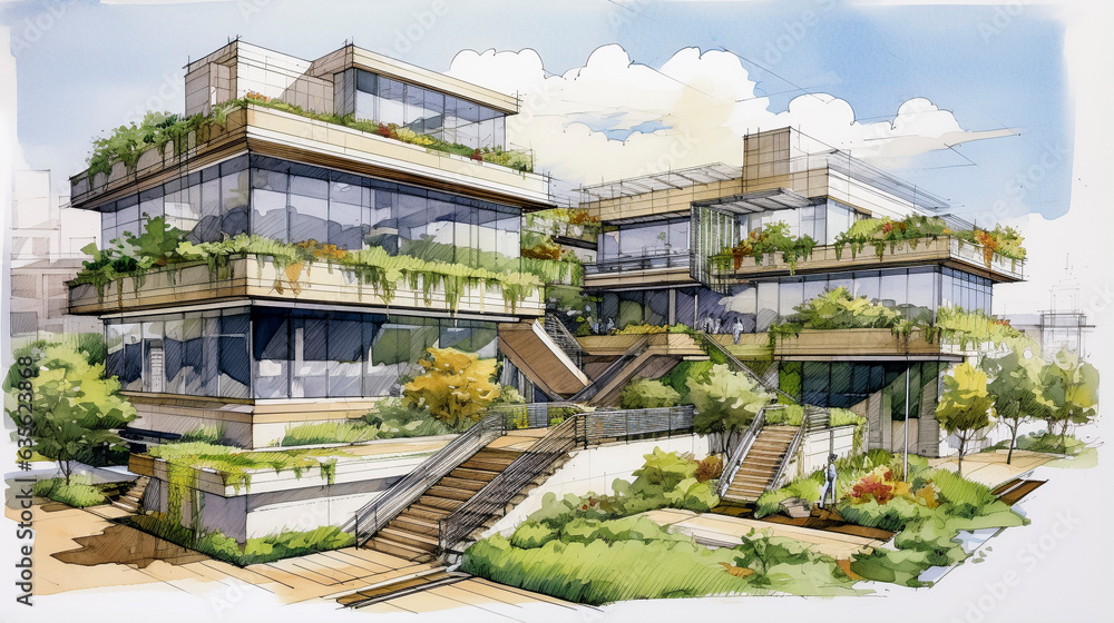 Sustainable office building sketch showcasing green roofs, energy ...