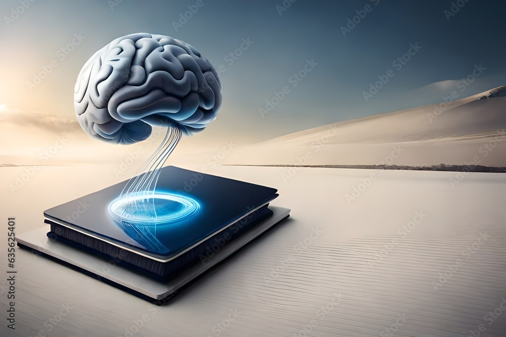 brain, Virtual brain over open book. Creative thinking idea to solve ...