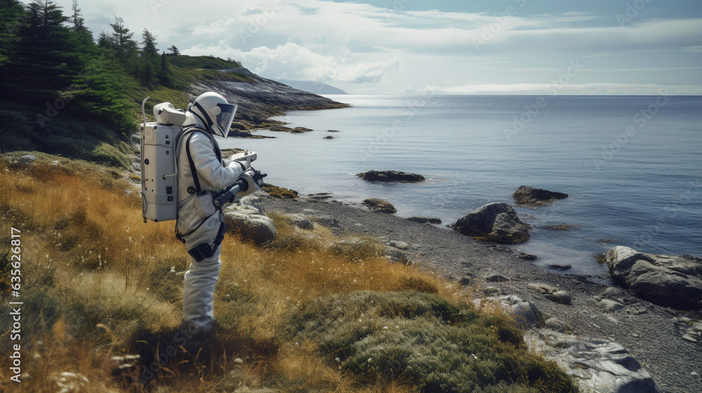 Explorer in an innovative bio-suit, studyingwild nature and collecting ...