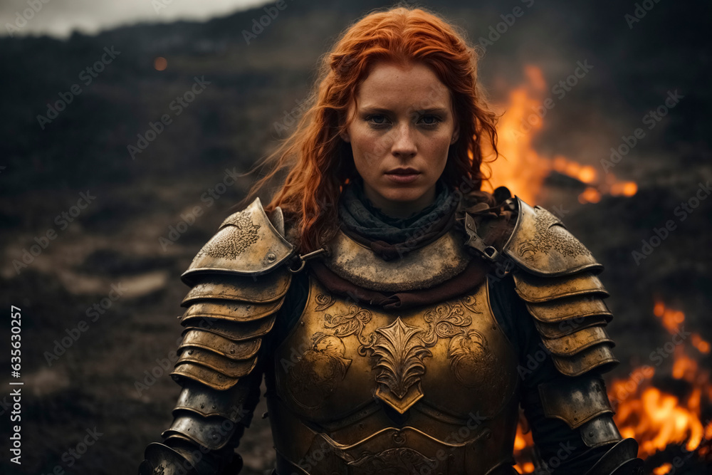 Female divine warrior wearing full plate armor standing on a ...