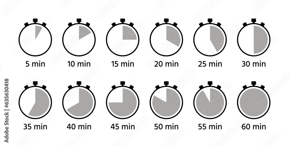 Clocks with different minutes from 5 to 60. Timer, stopwatches symbols ...
