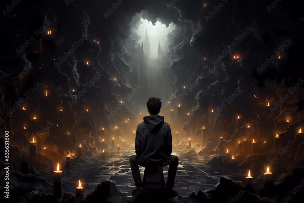 Illustration of a sad boy sitting alone, trapped in his negative ...
