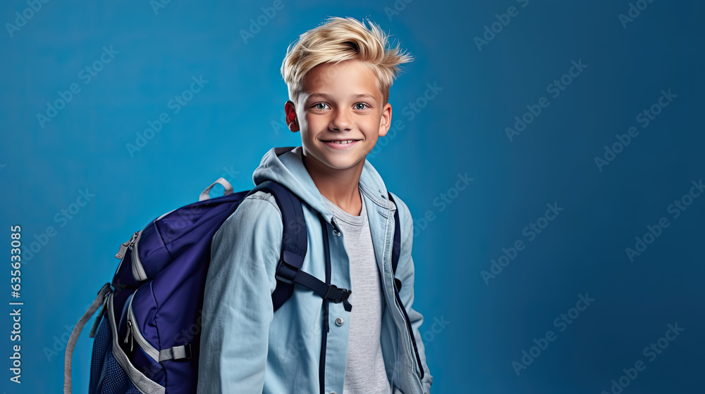 Cute scandinavian teenager boy in blue shirt with school bag and books ...