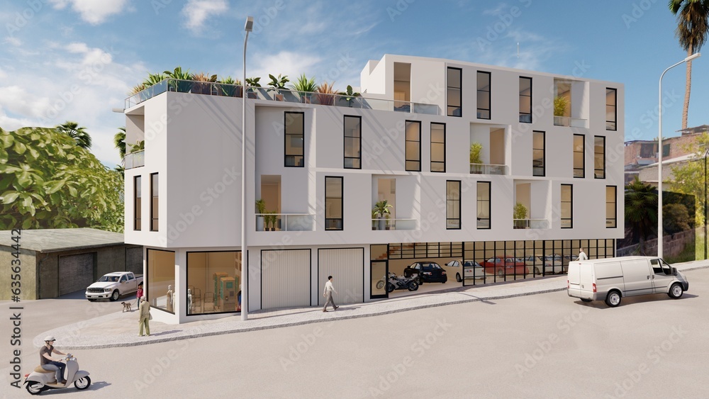 4-story multi-family building, with a minimalist facade in the style of ...