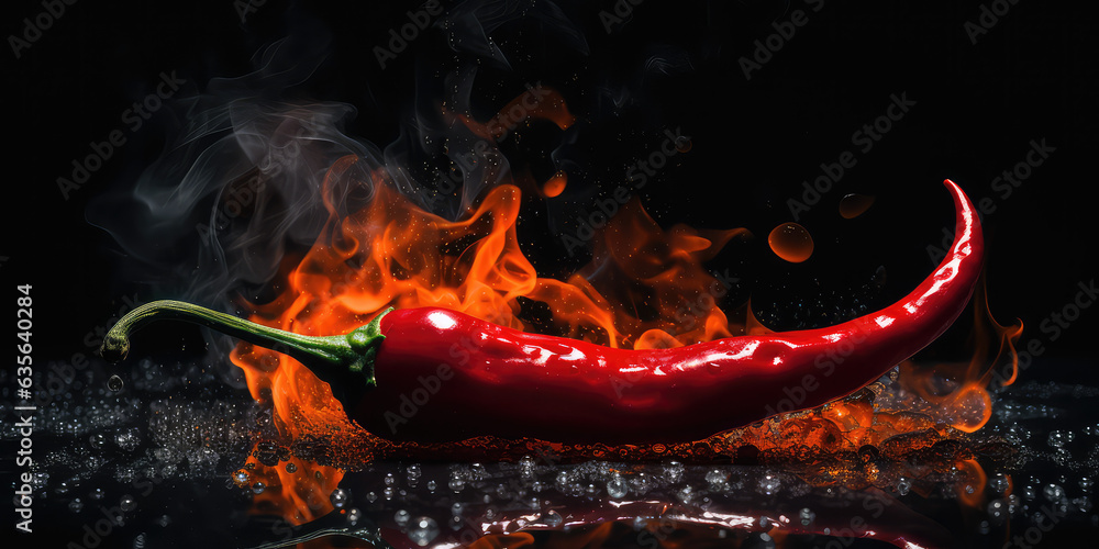 Red hot chilli pepper in fire on dark black background. Creative ...