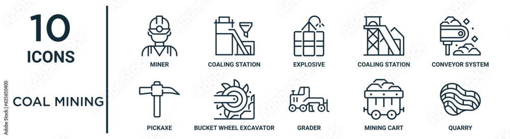 coal mining outline icon set such as thin line miner, explosive ...