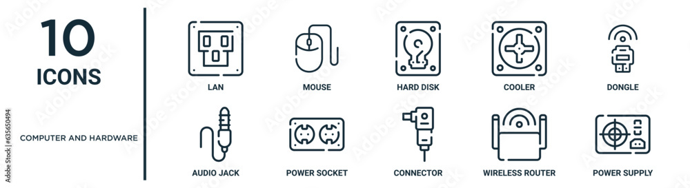computer and hardware outline icon set such as thin line lan, hard disk ...