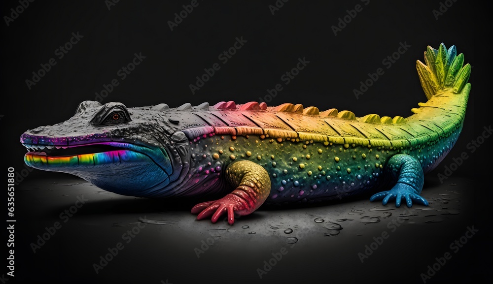 Cute realistic pastel rainbow colored paint crocodile with curly fur ...
