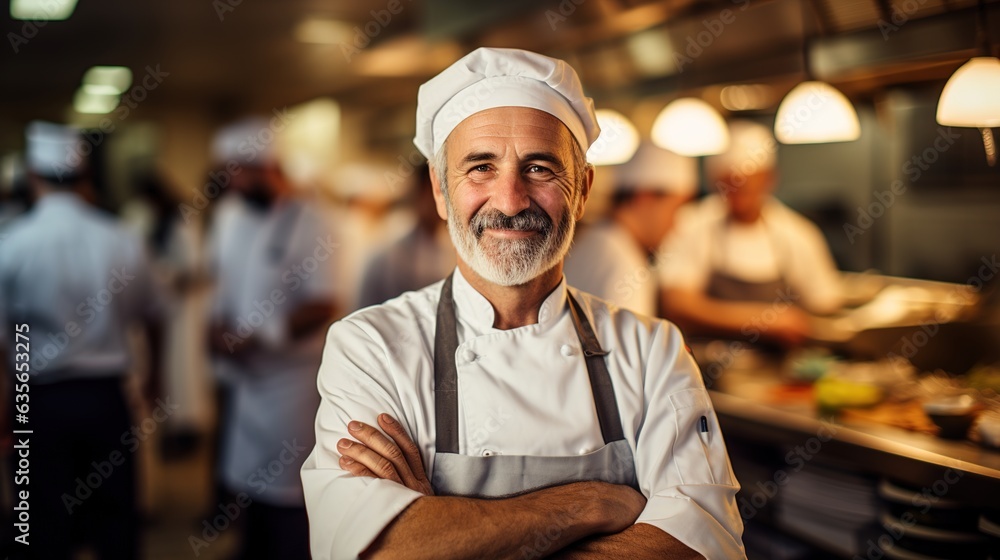 Happy Chef mature man of a Big Restaurant Crosses Arms and Smiles in a ...