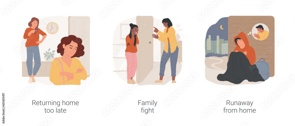 Conflicts with parents isolated cartoon vector illustration set ...