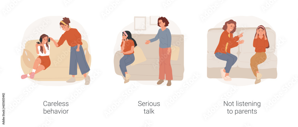 Teen-parent misunderstanding isolated cartoon vector illustration set ...